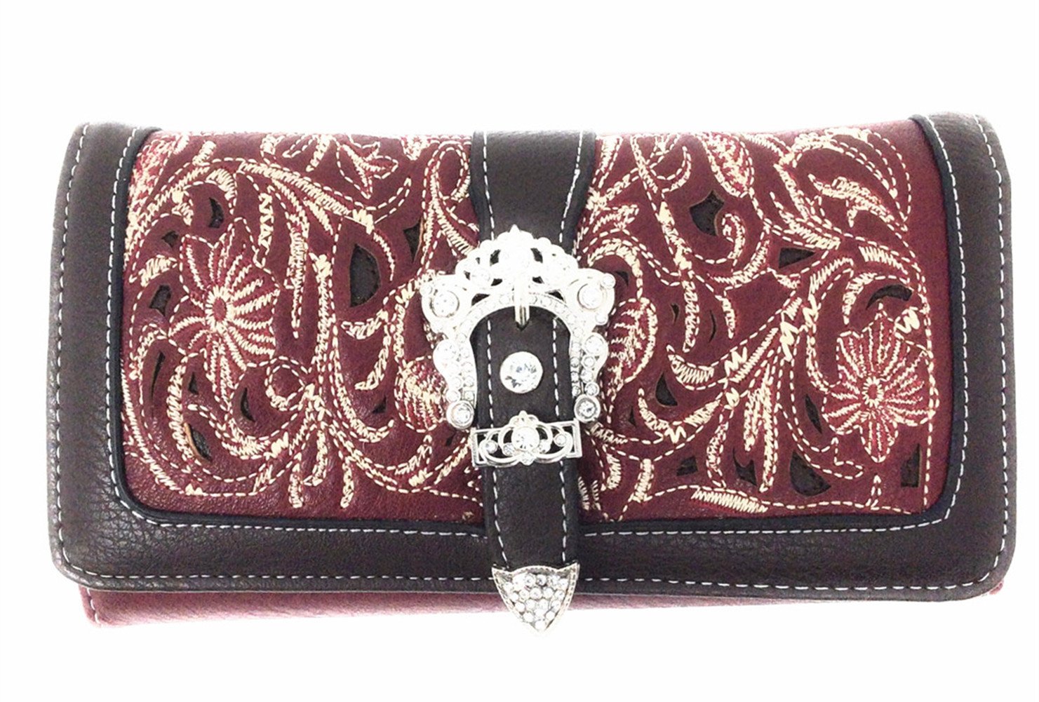 Western Rhinestone Buckle Concealed Carry Floral Womens Tote Handbag/Wallet Set (Red)