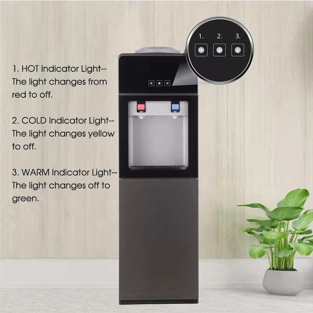 Top-Loading Water Dispenser for 5 Gallon Bottles, THABATAD Hot & Cold Water Cooler with Storage Cabinet & Glass Door Water Coolers Dispenser for Home, Office, School, Grey