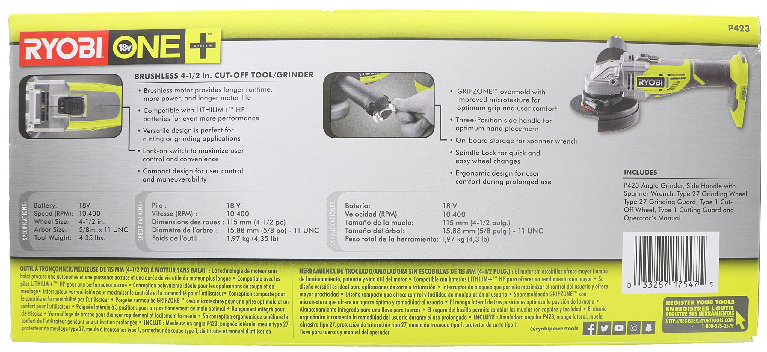 Ryobi P423 18V One+ Brushless 4-1/2" 10,400 RPM Grinder and Metal Cutter w/ Adjustable 3-Position Side Handle and Onboard Spanner Wrench (Battery Not Included, Power Tool Only)