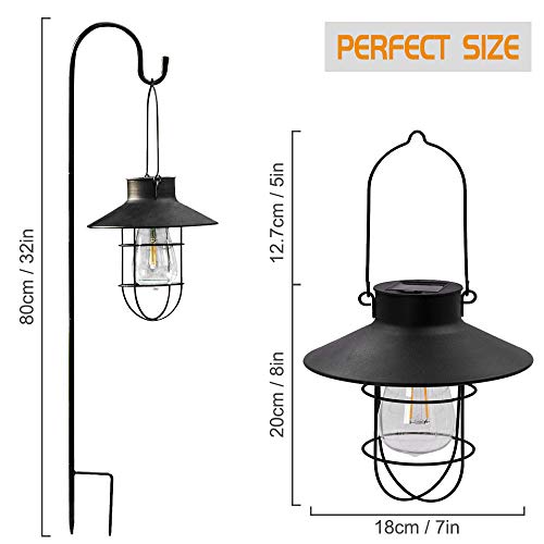 Solar Lights Outdoor Hanging Lantern Lamp with Shepherd Hook, Greenke Metal Solar Lantern Waterproof Multipurpose Pendant Lamp for Pathway Garden Yard Outdoor (Black)
