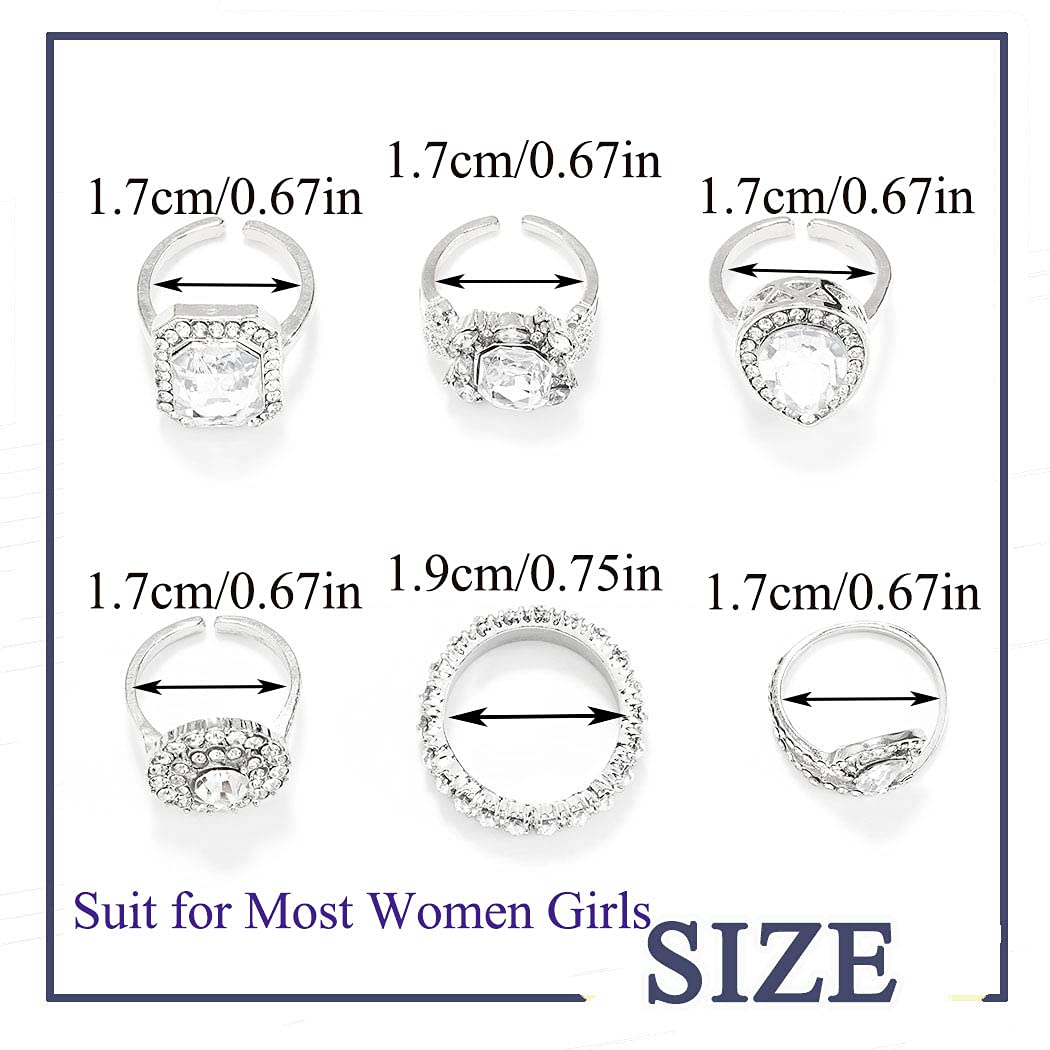 Woeoe Sparkle Rhinestones Knuckle Rings Silver Crystals Stackable Rings Set Multi Size Gemstones Finger Rings Set for Women and Girls（6Pcs)