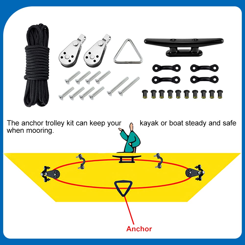 Yetaha Kayak Canoe Anchor Trolley Kit, 30Feet Nylon Rope Cleat Ring Pulleys Snap Hook Camel Back Screw Rivets Accessories for Kayak Canoes Boat