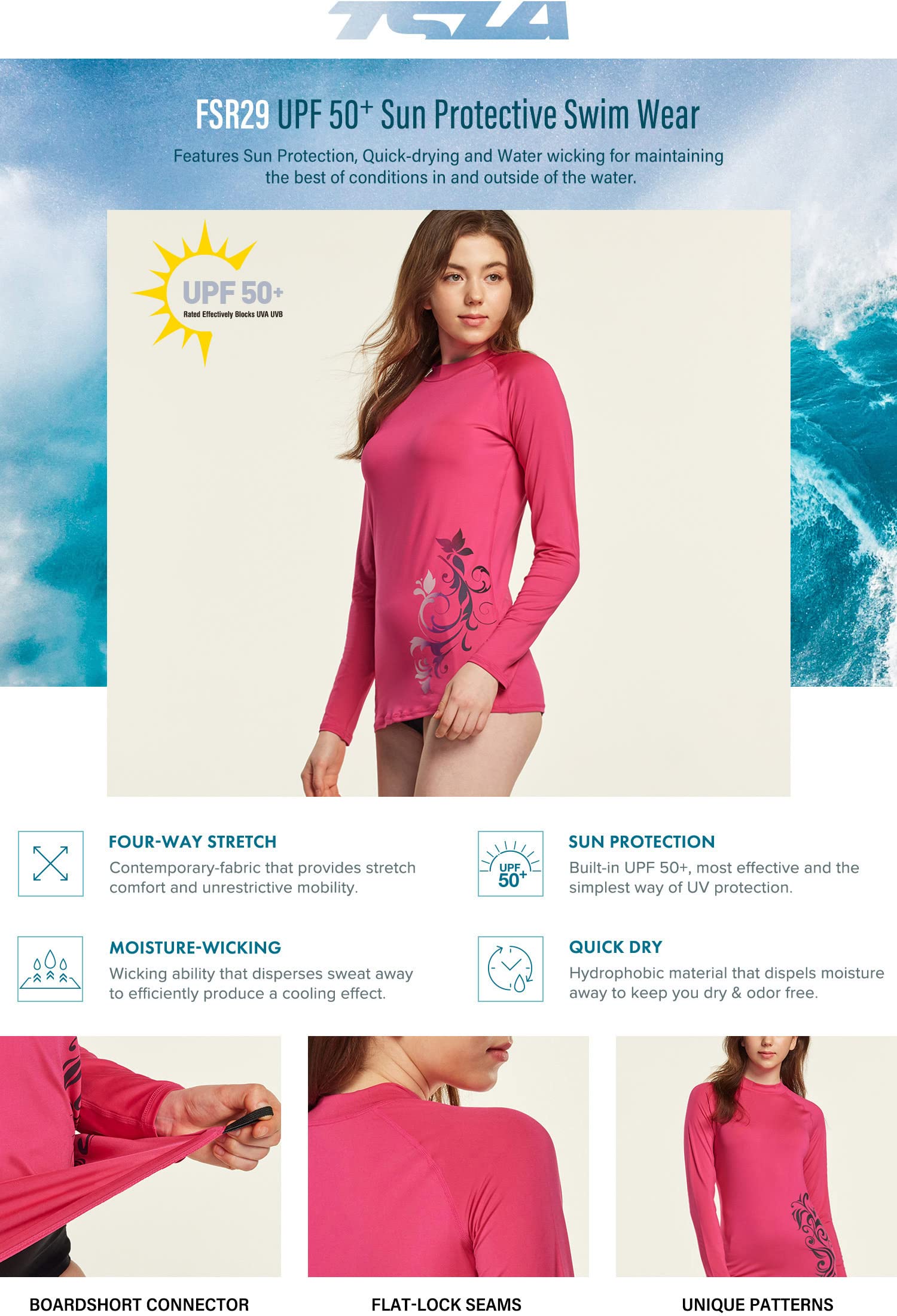 TSLA Women's UPF 50+ Rash Guard Long Sleeve, UV/Sun Protection Swim Shirts, Water Beach Surf Swim Top, Basic Print Black & Magenta, Large