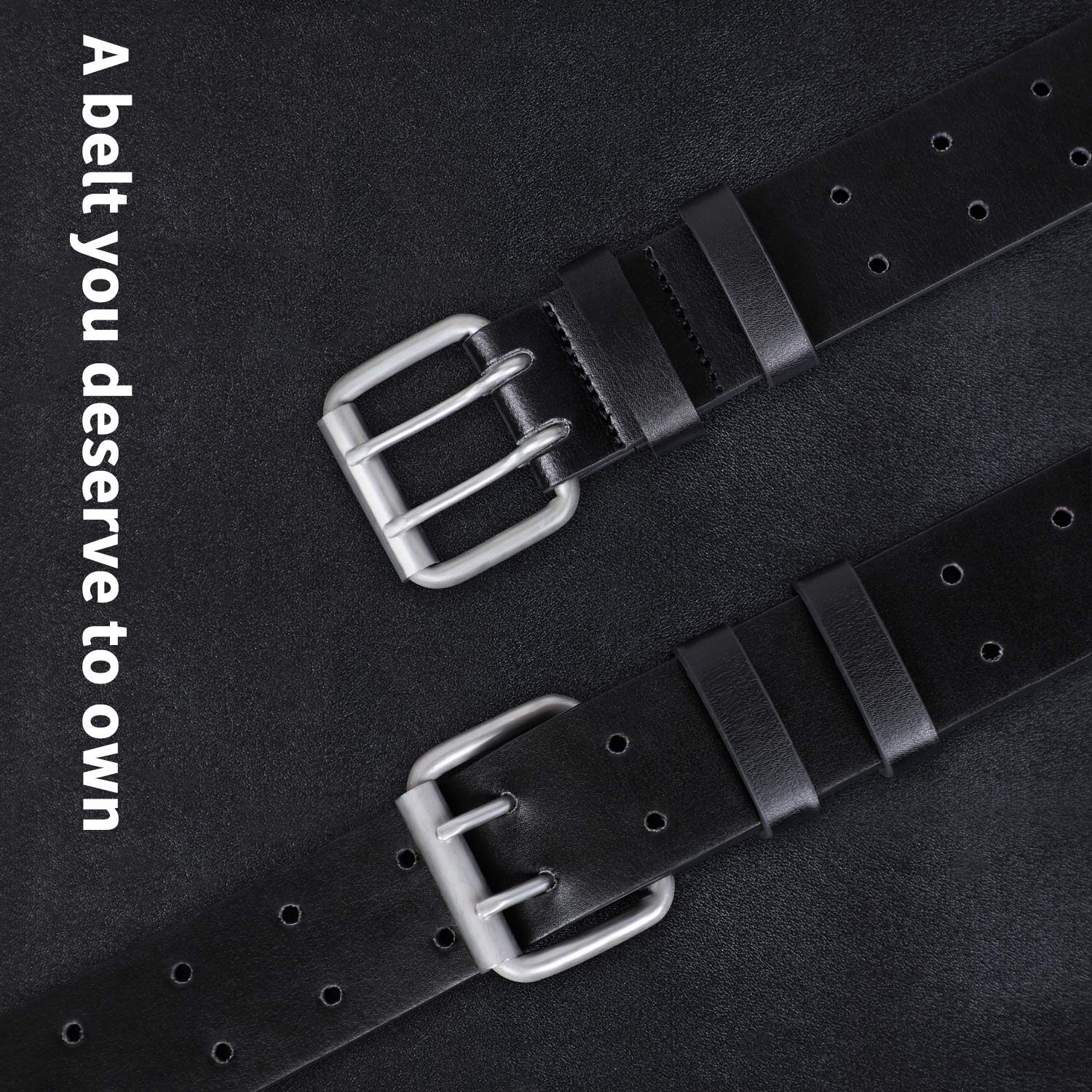 VONMELLI Double Prong Leather Belt Heavy Duty Belt for Men, Double Grommet Holes Belt for Pants A-black