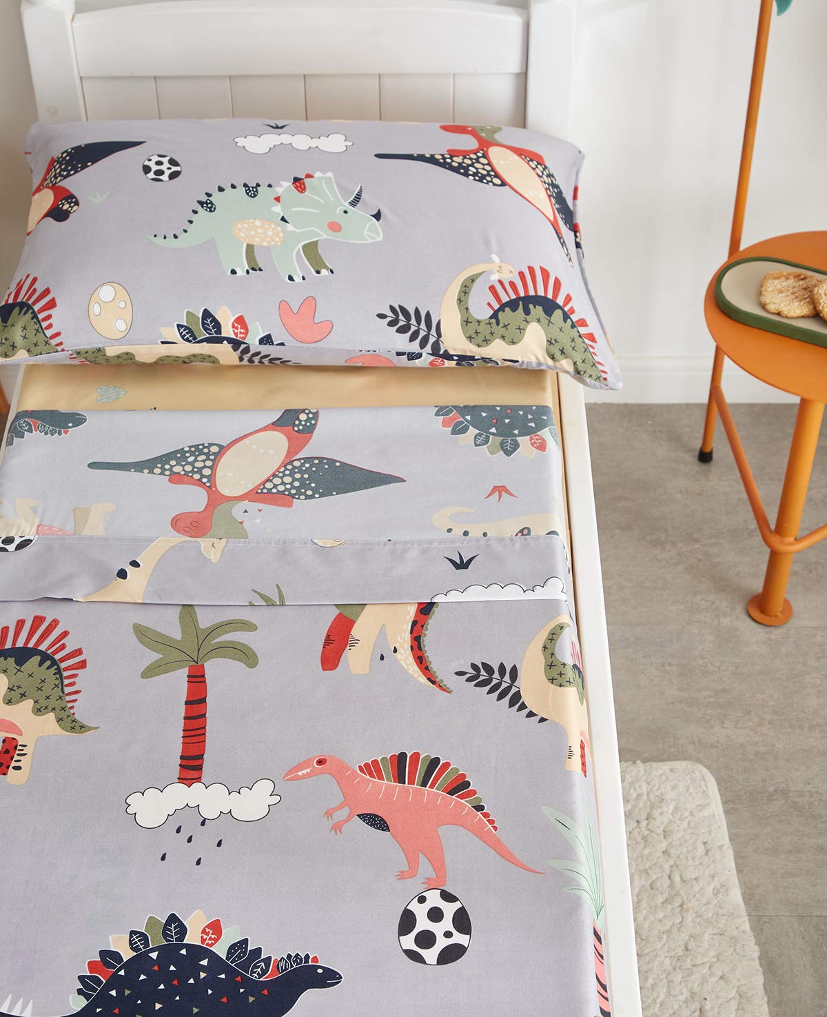 UOZZI BEDDING 4 Piece Gray Dinosaurs Toddler Bedding Set with Colorful Dinos Boys Bed Comforter Sheet Set