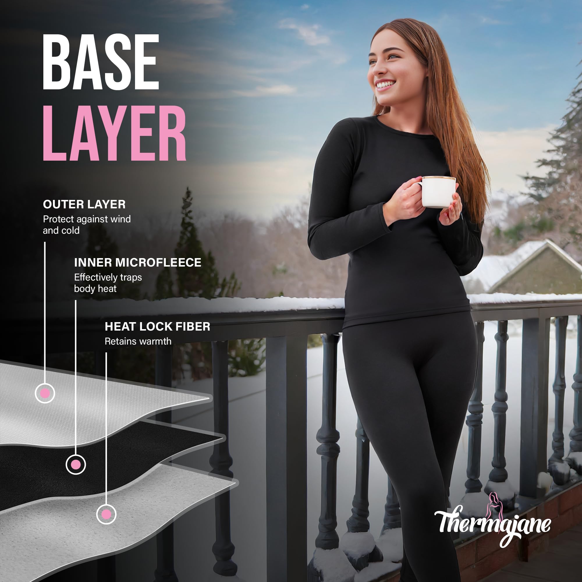 Thermajane Long Johns Thermal Underwear for Women Fleece Lined Base Layer Pajama Set Cold Weather (Medium, Black)