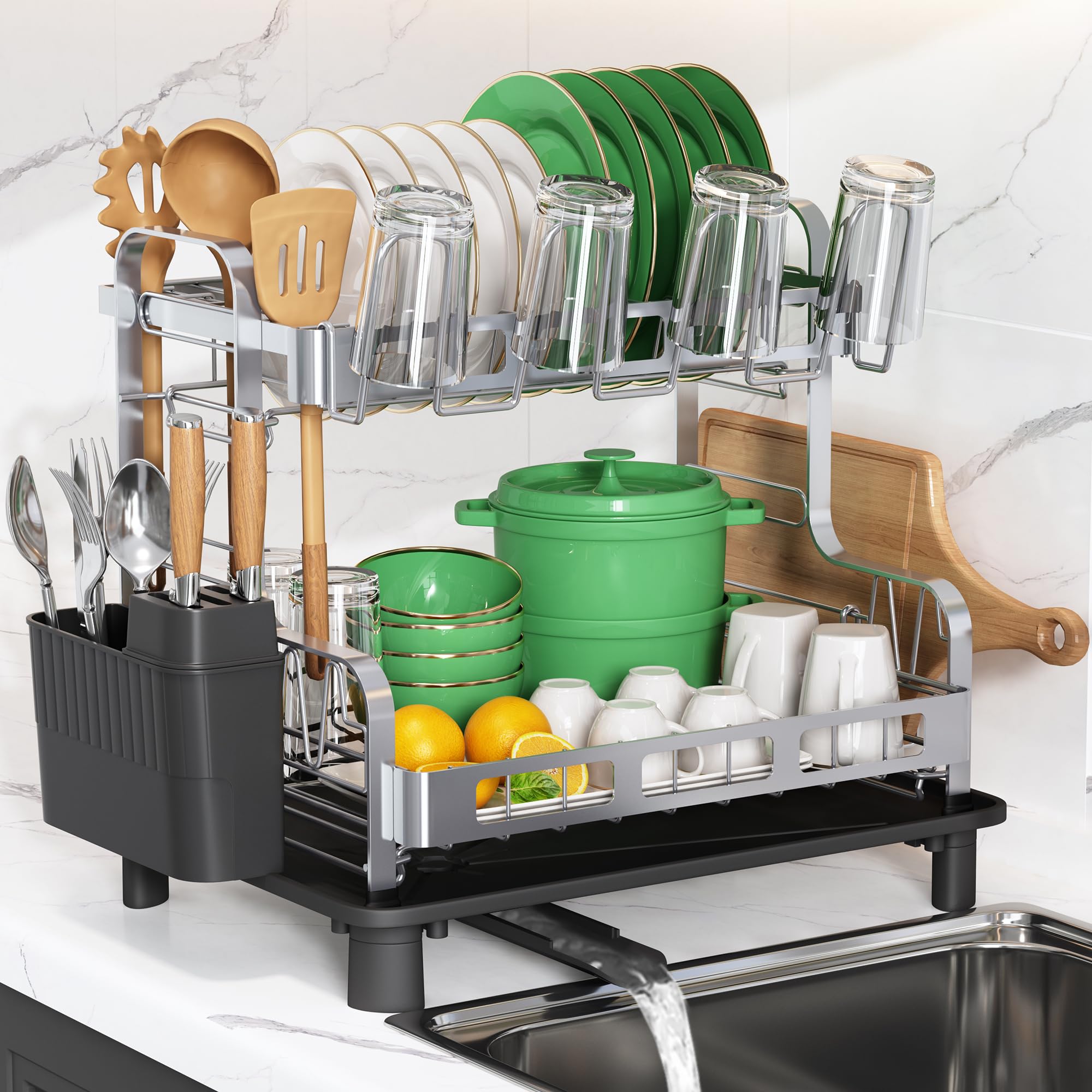romision Stainless Steel Dish Drying Rack, Dish Racks for Kitchen Counter, Two Tier Dish Drainers with Cutlery Holder and Cup Rack, Large Dish Dryer Rack for Saving Space, Grey