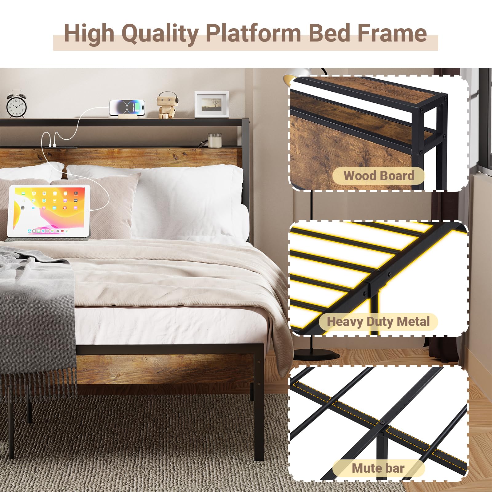 Zevemomo King Bed Frame, King Size Metal Platform Bed Frame with 2-Tier Storage Wood Headboard and Power Outlets, USB Ports Charging Station/No Box Spring Needed/Noise-Free/Easy Assembly/Brown