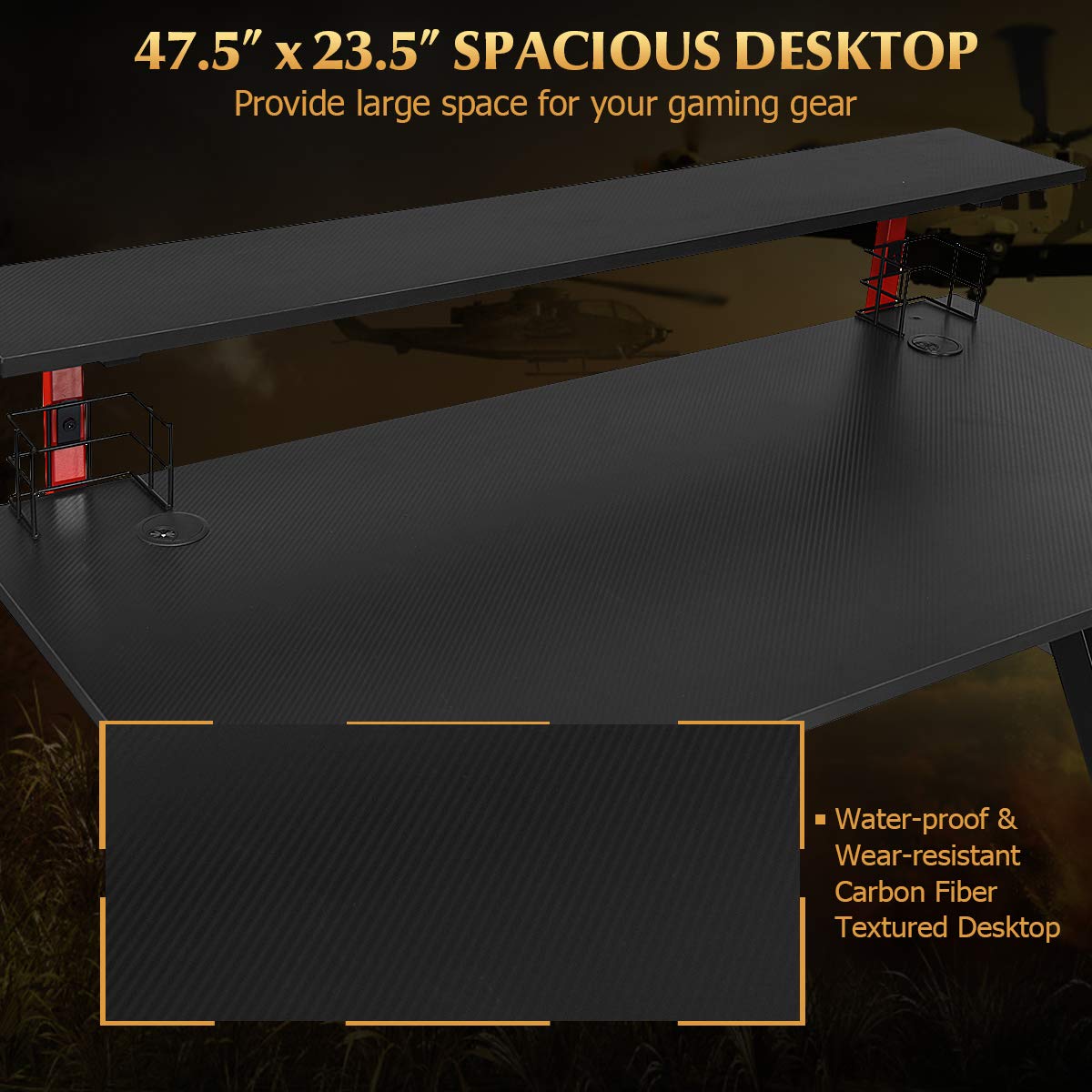 Tangkula Gaming Desk, Professional Gamer Workstation with Cup Holder, Headphone Hook, Handle Rack, Ergonomic PC Gaming Table with Monitor Stand, E Sports Computer Desk Table for Home, Office (Black)