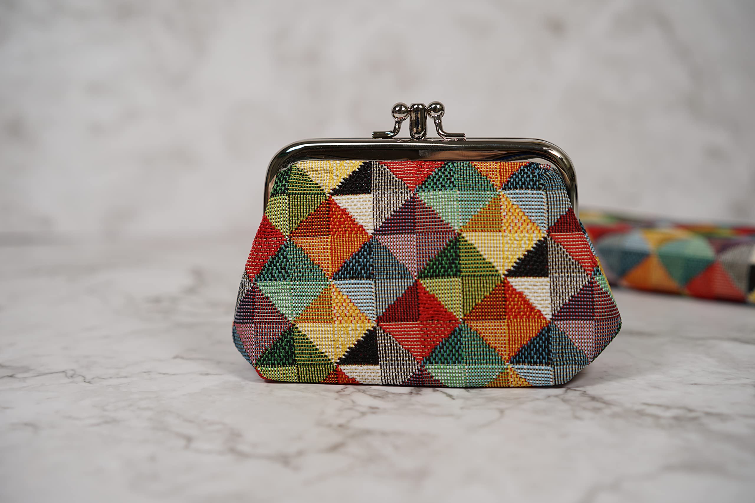 Signare Tapestry Double Pocket Change Pouch Kiss lock Coin Purse for Women With Colourful Geometric Multicolor Triangles Design (FRMP-MTRI)