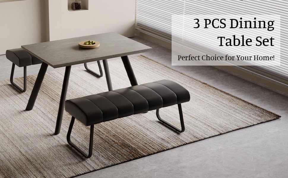 ZckyCine 47.2-inch Four-Person Dining Table Set with 2 Benches, Metal Frame and Wooden Combination, Space-Saving Design, Suitable for Home Kitchens and Restaurants (3-Piece Set)