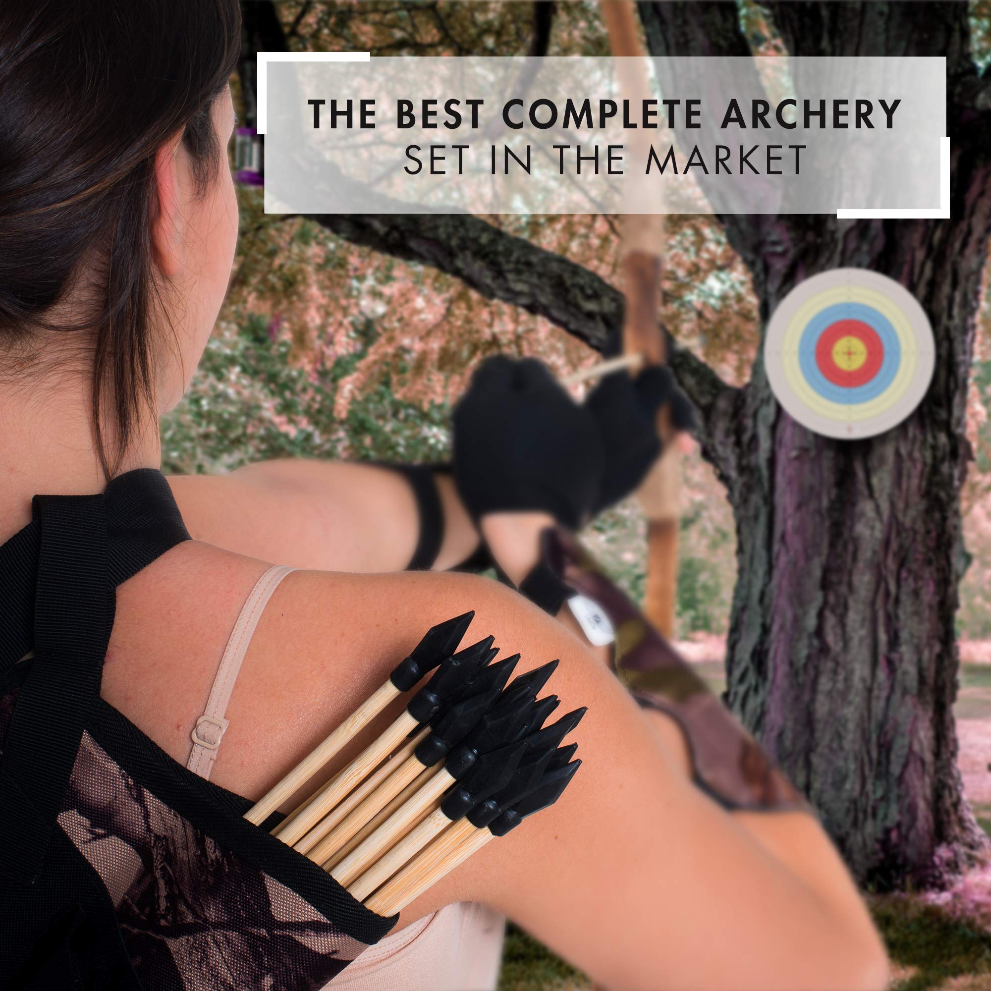 UTeCiA 30 Pcs Complete Archery Set for Kids & Beginners - Safety Rubber Tip Arrow Pack, Handcrafted Wooden Bow, Fabric Quiver, Arm Guard, Finger Glove, Target Sheets - Outdoor and Indoor Shooting Toy