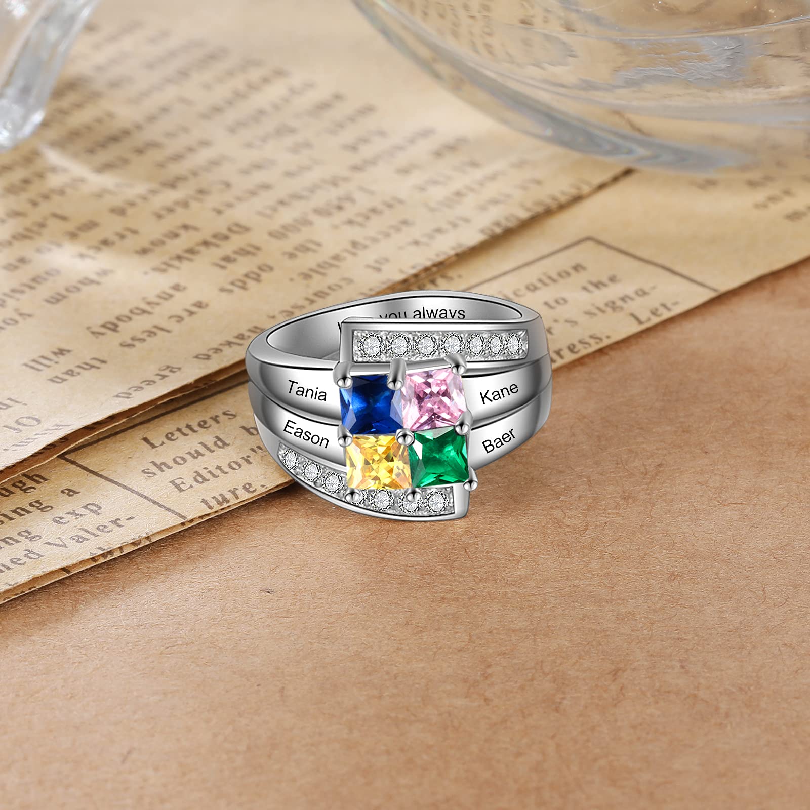 Zomodia Mothers Ring Personalized 4 Simulated Birthstones Engraved 4 Names Anniversary Promise Ring for Her Family Jewelry Gift for Grandma (9)