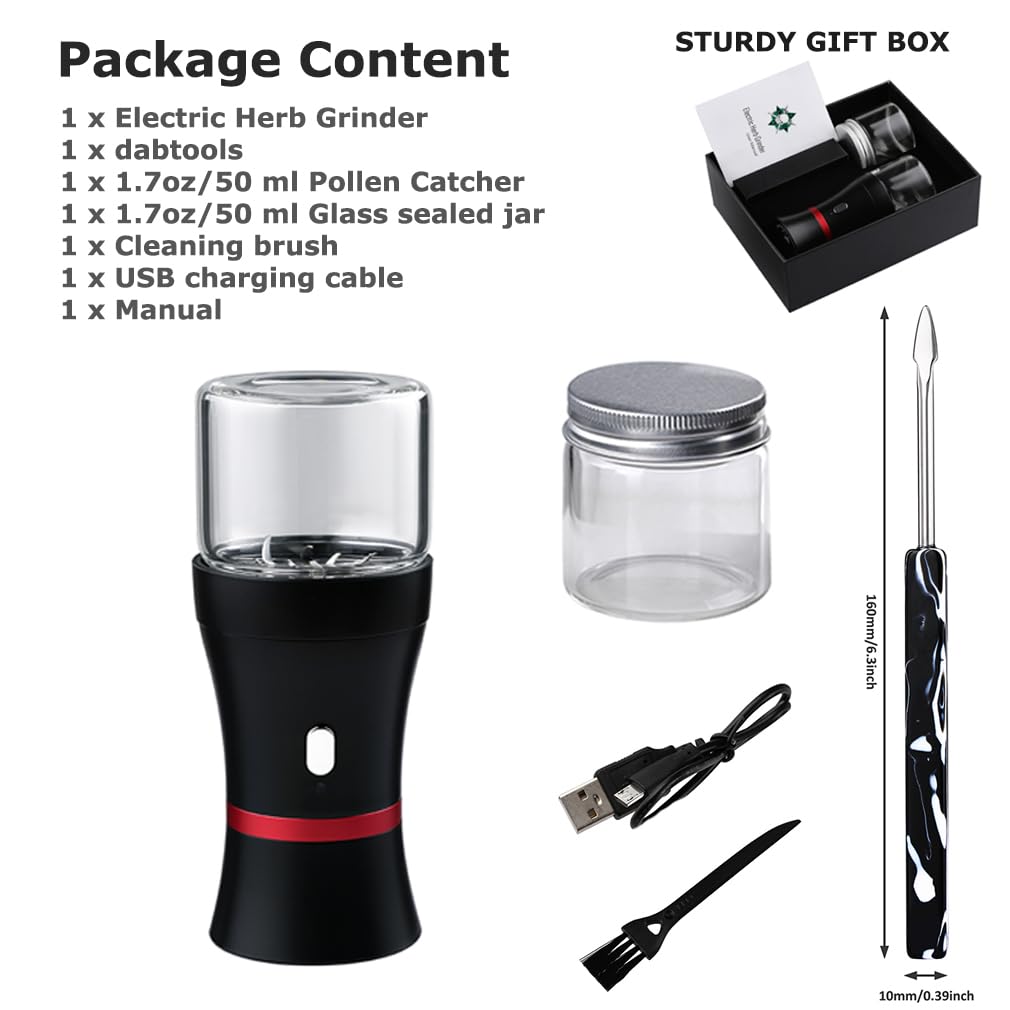 Sunseeke Electric Herb Grinder Built-in Battery, 2pcs 1.7oz Glass Herb Chamber Mini- Portable Black