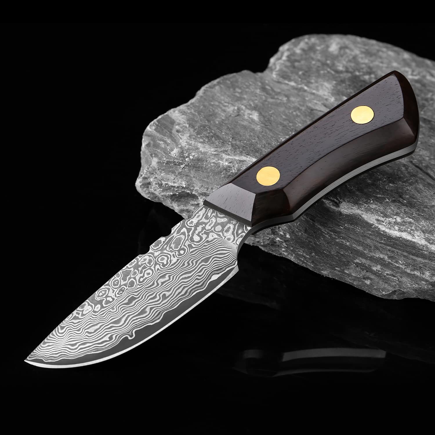 XITUO Damascus Bushcraft Knife, Hunting Knife - Handmade Survival Knife, forged Fixed Blade Knife, 5.5'β EDC Camping Knife for Men | Fixed Blade with Ebony Wood Handle Leather Sheath