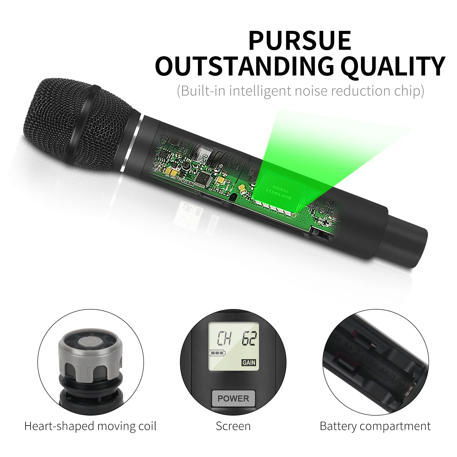 XTUGA 2x100 Channel UHF Wireless Microphone System,Dual Wireless Mics Dynamic Handheld Microphone, Auto Scan, 328ft for Church/Karaoke/Weddings/Events