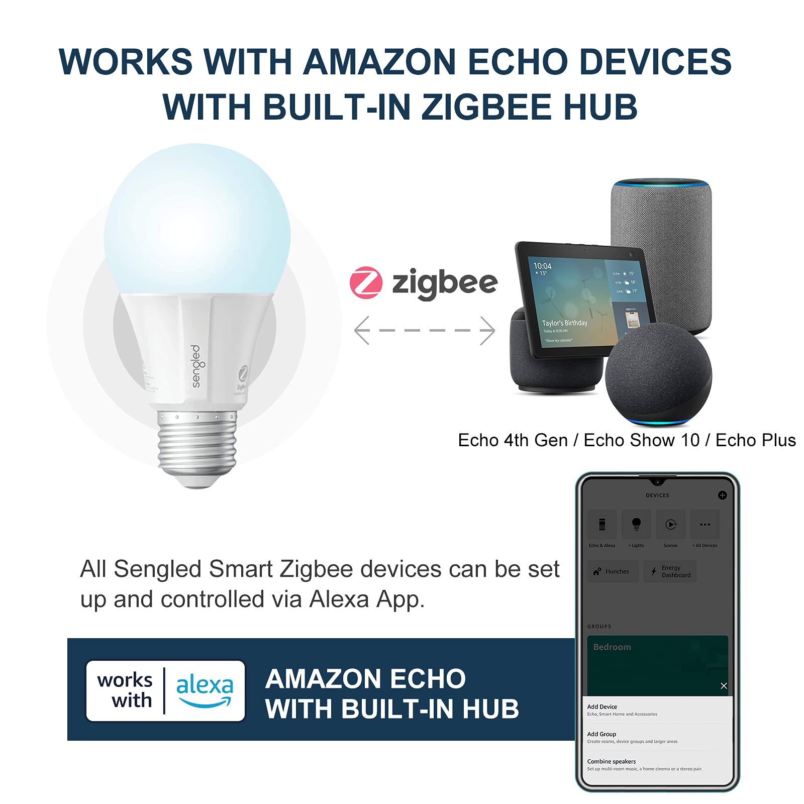 Sengled Zigbee Smart Light Bulbs, Smart Hub Required, Works with SmartThings and Echo with Built-in Hub, Voice Control with Alexa and Google Home, Daylight 60W Equivalent A19 Alexa Light Bulb, 6 Pack
