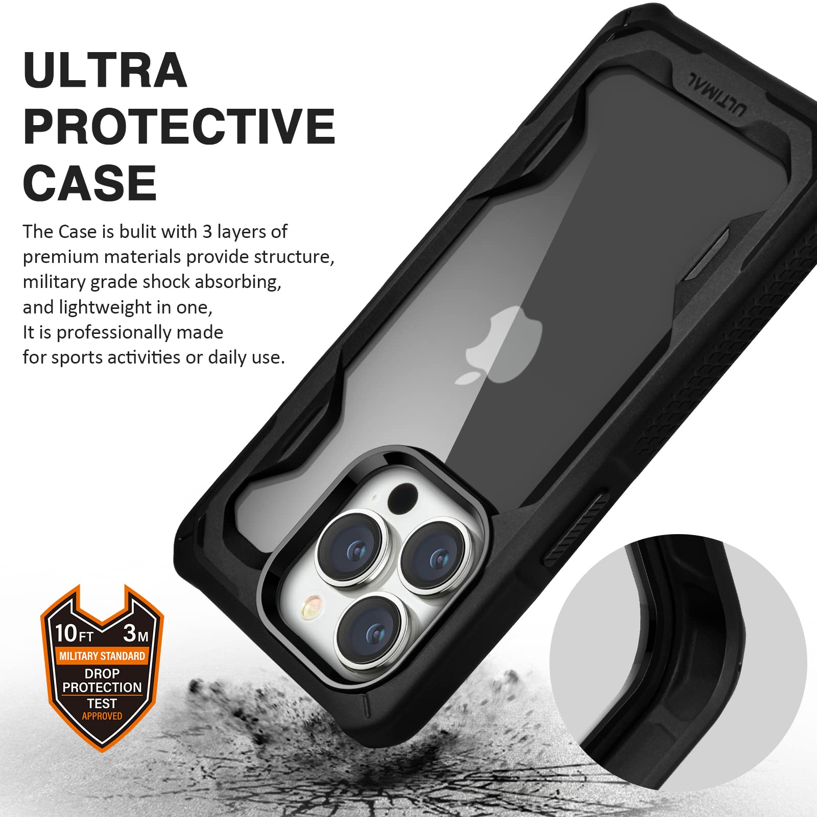 ULTIMAL Case Compatible with iPhone 14 Pro Max 6.7 Inch, Rugged Military Cover with Lightweight Sporty Design, Slim Shockproof Drop Protection Bumper Case for Men (Black/Black)