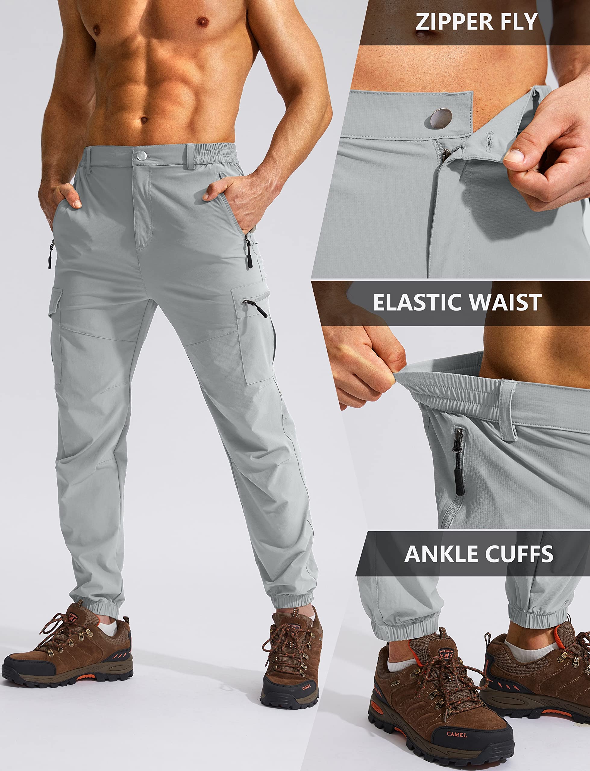 Viodia Men's Hiking Cargo Pants with 6 Pockets Ripstop Waterproof Stretch Joggers Pants for Men Golf Work Travel Light Grey