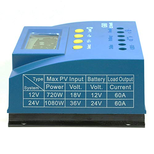 Solar Charge Controller 60A 12V 24V Auto, PWM Solar Regulator 60 amp Max Input 720W-1440W with Backlight LCD Display Dual USB 5V fit for Lead-Acid Batteries