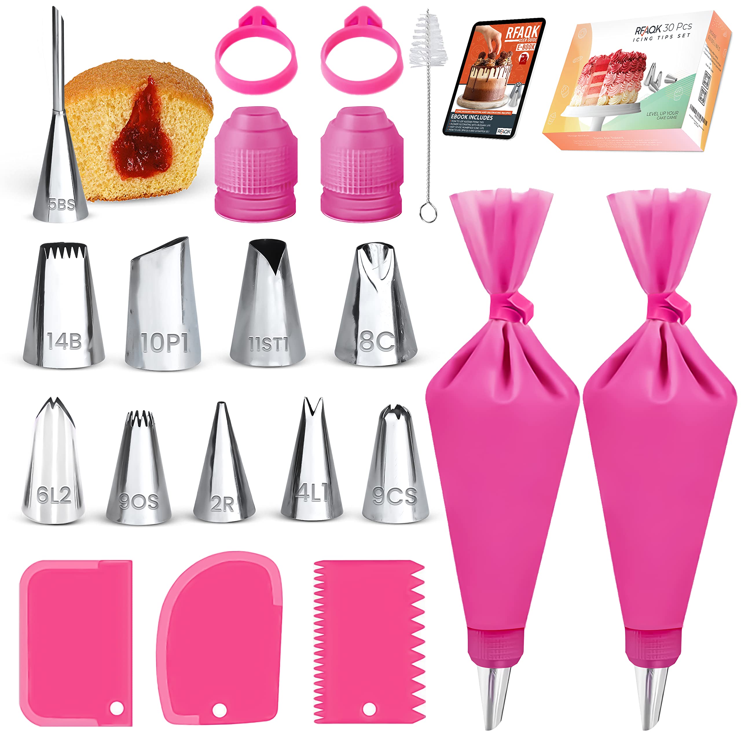 RFAQK 30PCs Piping Bags and Tips Set with EBook - Frosting Piping Kit with 10 Piping Tips,10 Pastry Bags, 2 Reusable Bags, 3 Icing Scrapers, 2 Couplers & 2 Ties for Cookies Cake Decorations (Pink)