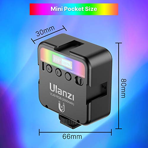 VIJIM Ulanzi VL49 RGB Video Light w 3 Cold Shoe,Mini Rechargeable LED Camera 360degFull Color Portable Photography Lighting Support Magnetic Attraction,2500-9000K Dimmable LED Panel Lamp w LCD Display