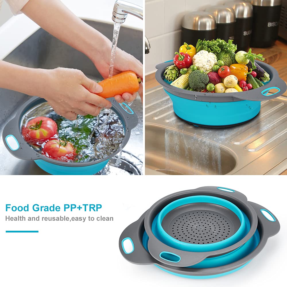 zoopod Collapsible Colander Basket 2 of Set,Vegetables Fruit Washing Basket Drain Tool,Small & Big Size Silicone Telescopic Colander with Handle For Kitchen/Home/Restaurant Round Shape 3 Color(Blue)