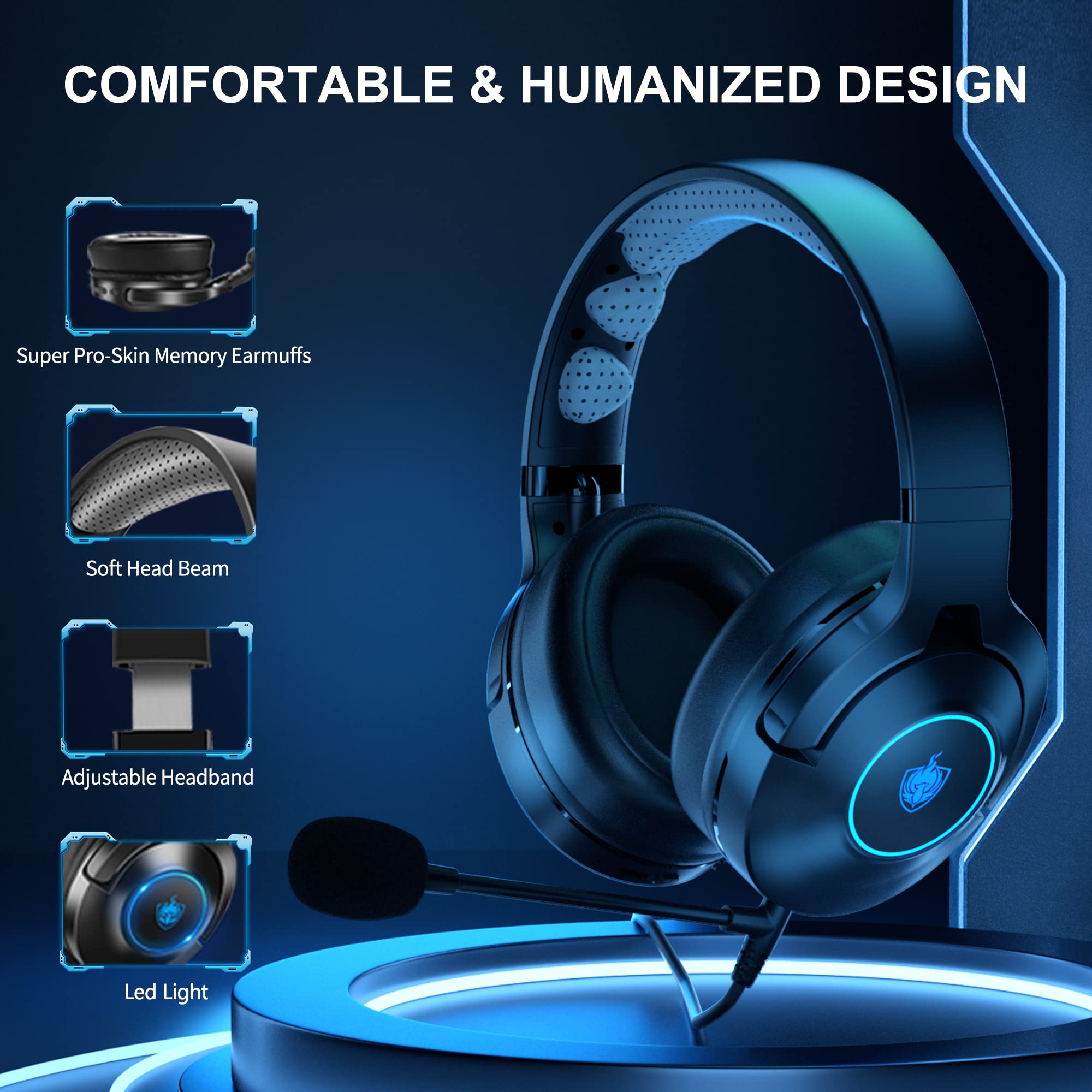 YOTMS Gaming headsets PS4, PS5, PC, Controller, Noise Cancelling Over Ear Headphones with Mic(Blue)