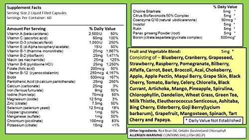 SJJ DEPOT 120 Multivitamin Fruit and Vegetable Liquid Capsules, Loaded Multivitamins, Supplements, Multiple Vitamin has Joint Heart Brain Antioxidants, Daily Women Men Senior Adult Multi Vitamins