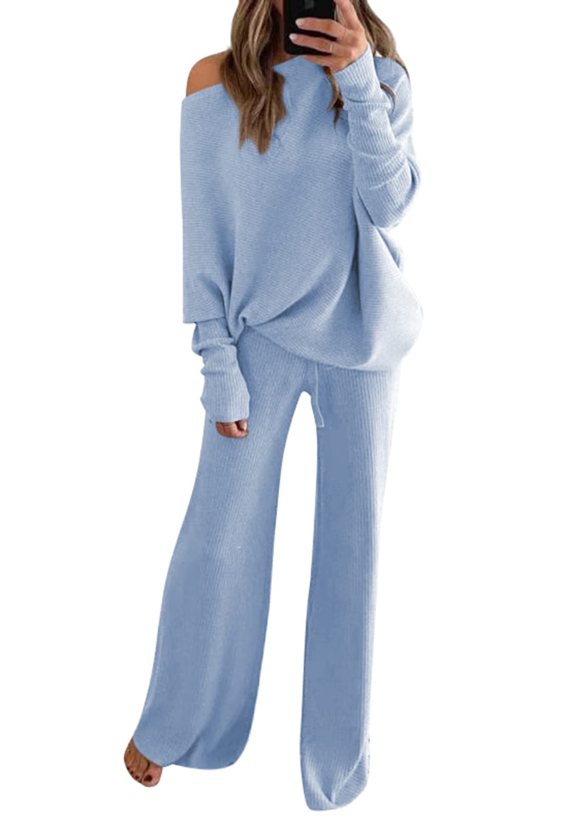 Women's Plus Size 2 Piece Solid Color Off Shoulder Ribbed Matching Sweatsuit Lounge Pajamas Set Leisure Wear Loungewear Tracksuit Blue Medium