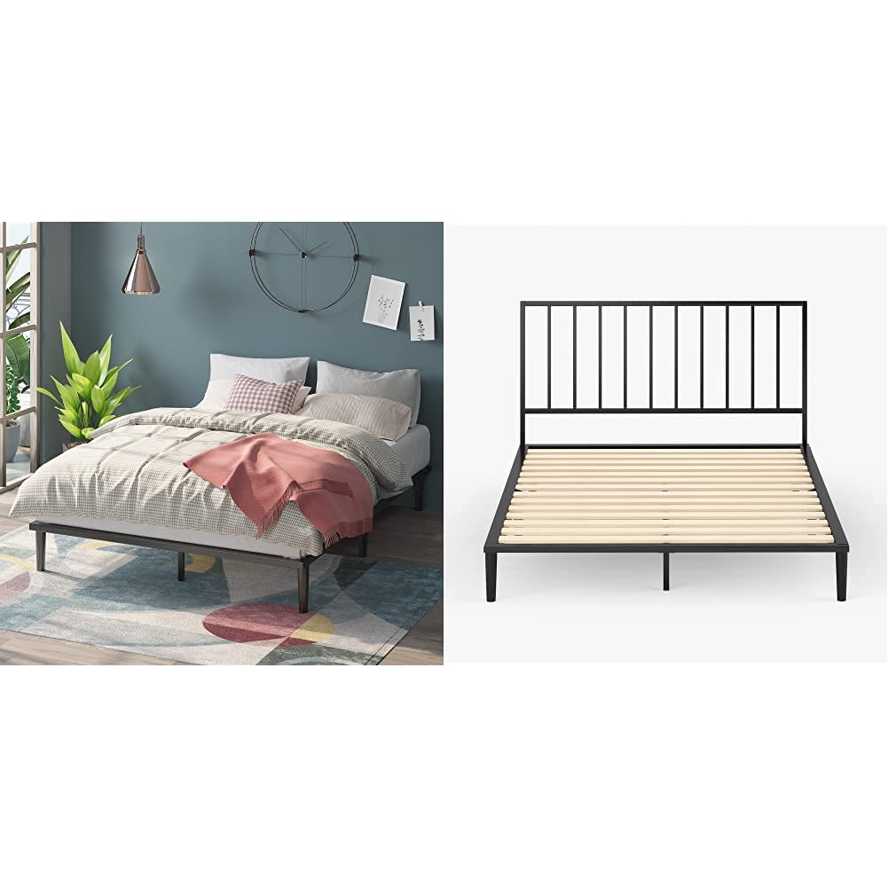 Zinus Parker Platform Bed and Black Metal Headboard with Tapered Legs/Wood Slat Support/No Box Spring Needed/Easy Assembly, Queen