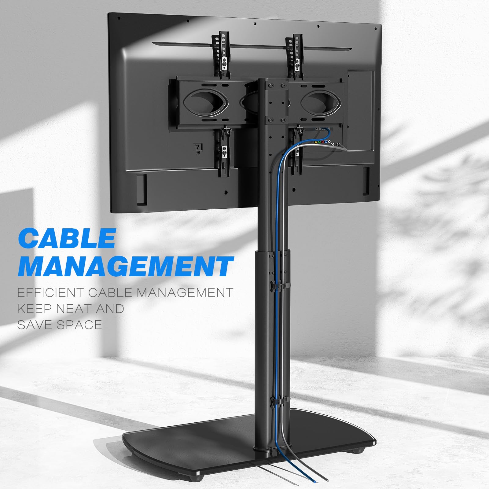 Rfiver Swivel TV Floor Stand with Mount for Apple TV/Roku Ultra, Universal for 32-65 Inch LCD LED Flat Screen, Height Adjustable TV Mount Stand with Shelf, Space Saving Corner TV Stand for Home Office