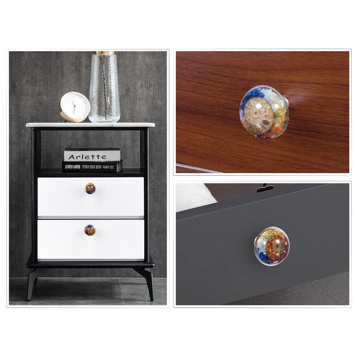 SUNYIK 4PCS 7 Chakra Ammonite Fossil Drawer Knobs with Screws, Round Crystal Stone Pull Handles for Cupboards Dressers Doors Wardrobes Furniture Home Decor