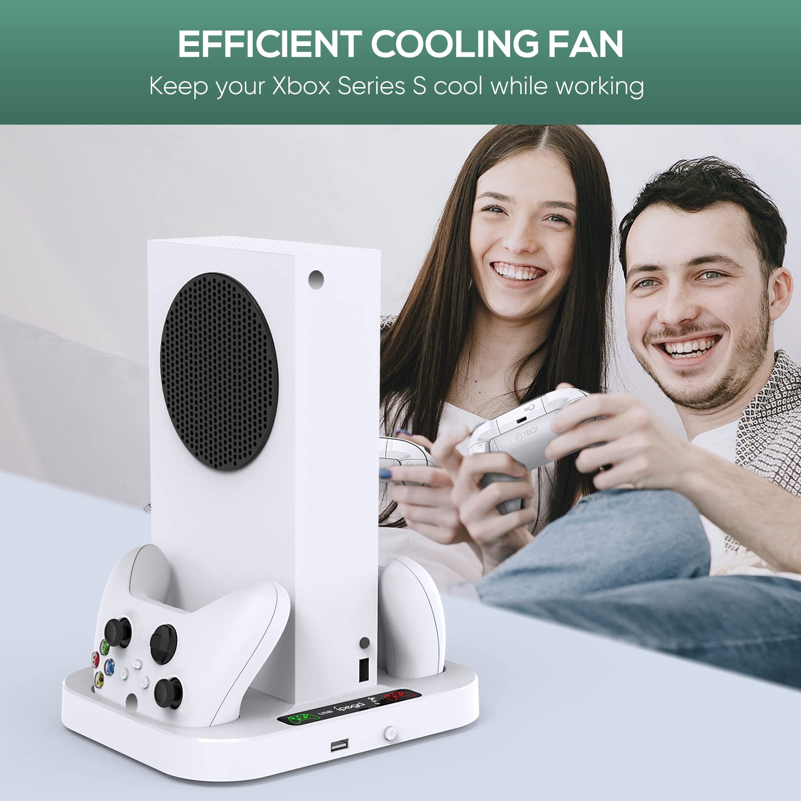 Upgraded Cooling Stand for Xbox Series S Console with Dual Cooling Fan 3 Speed Adjustable, Dual Controller Charger with LED Indicator and Extra Two 1400mAh Rechargeable Battery(Not for Xbox One S/X)
