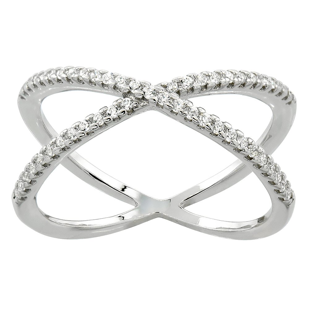 Sterling Silver Cubic Zirconia Criss Cross Ring Micro pave 3/8 inch wide, size 8