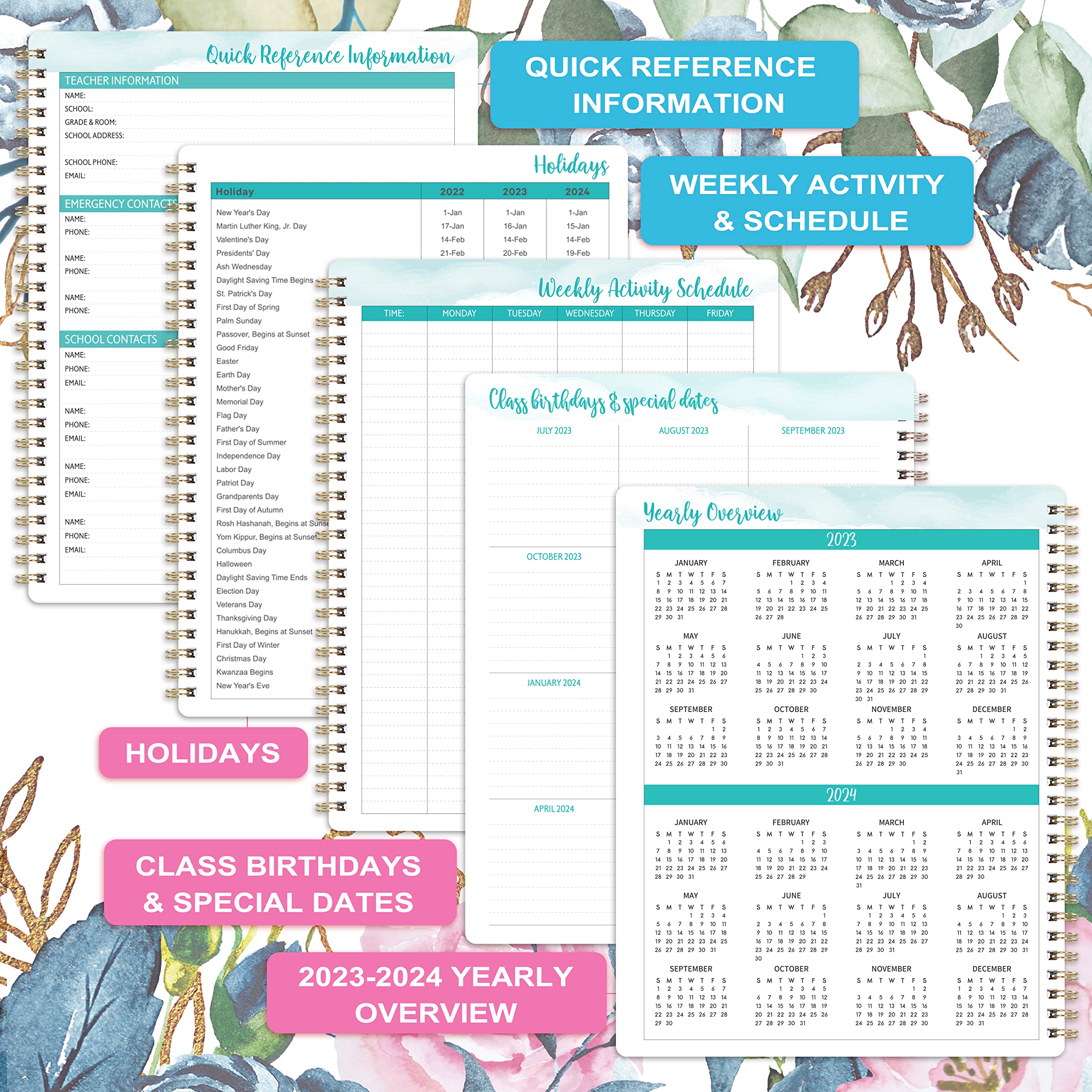 Teacher Planner 2023-2024 - 2023-2024 Weekly & Monthly Lesson Plan Book, July 2023 - June 2024, 8" x 10", Academic Planner 2023-2024 with Twin-Wire Binding for Teachers - Ink-painting Roses
