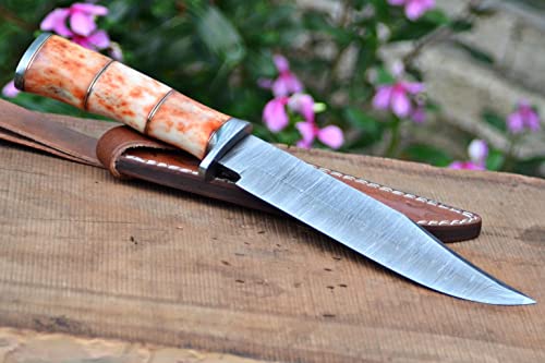 UK UNIQUE SHARP KNIVES BK-3004 Handmade Damascus Steel 12.00 Inches Damascus Steel Hunting Knife - Coloured Camel Bone Brass Spicer Handle With Damascus Gurd/pommel