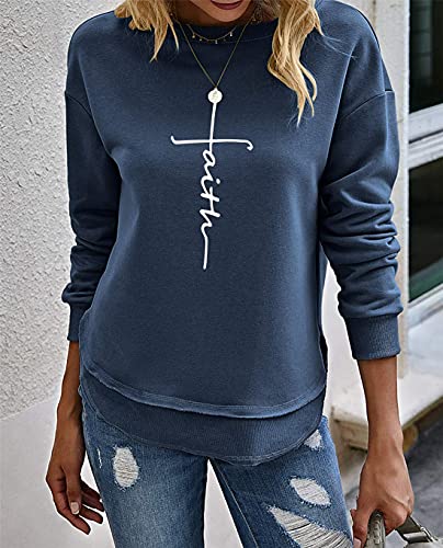 Womens Casual Funny Faith Spirituality Graphic Crewneck Sweatshirt Long Sleeve Loose Pullover Tops Shirts (Navy,Medium,US,Alpha,Medium)