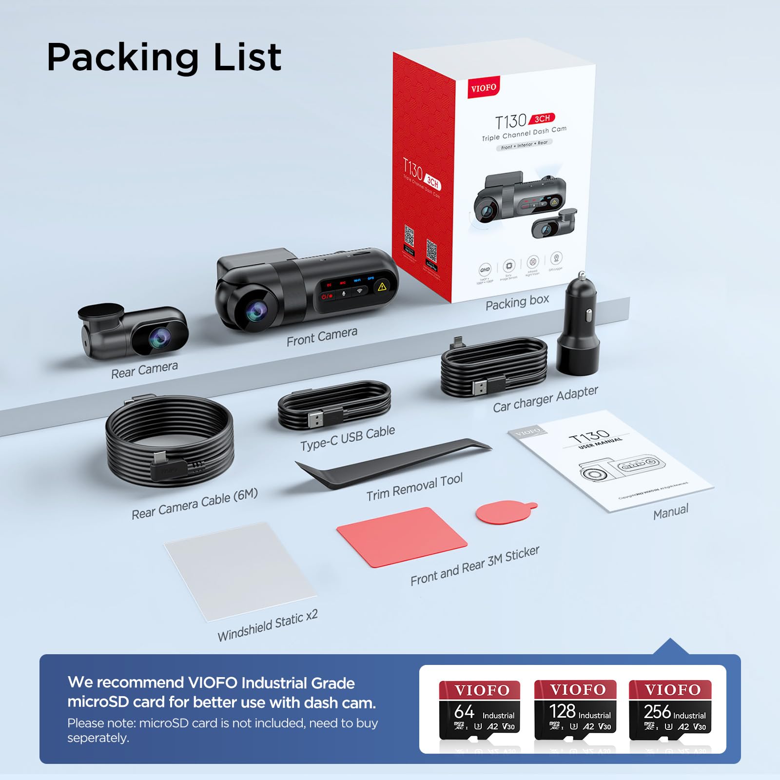 VIOFO T130 3 Channel Dash Cam Uber, Built in WIFI and GPS, 1440P+1080P+1080P Three way Triple Car Dash Camera, IR Night Vision, Supercapacitor, G-Sensor, 24 Hour Parking Mode, Support 256GB Max