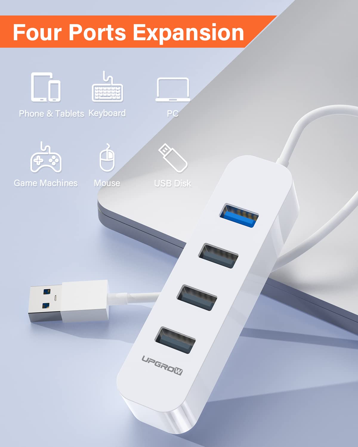 Upgrow USB 3.0 Hub 4-Port USB Hub with 5 Gbps USB Splitter for Laptop MacBook, Mac Pro, Mac Mini, iMac, Surface Pro, XPS, PC, Flash Drive, Mobile HDD-White
