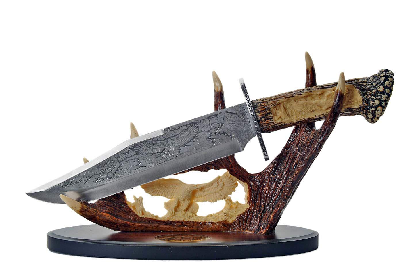 Szco Supplies 15" Etched Blade Bear Outdoor Hunting Knife With Resin Antler Display Stand, Brown