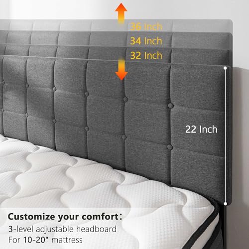 Upholstered Bed Frame Queen, Adjustable Linen Headboard and Solid Wood Slats Support, Heavy Duty Steel Mattress Foundation, Easy Assembly, Noise Free, No Box Spring, Grey