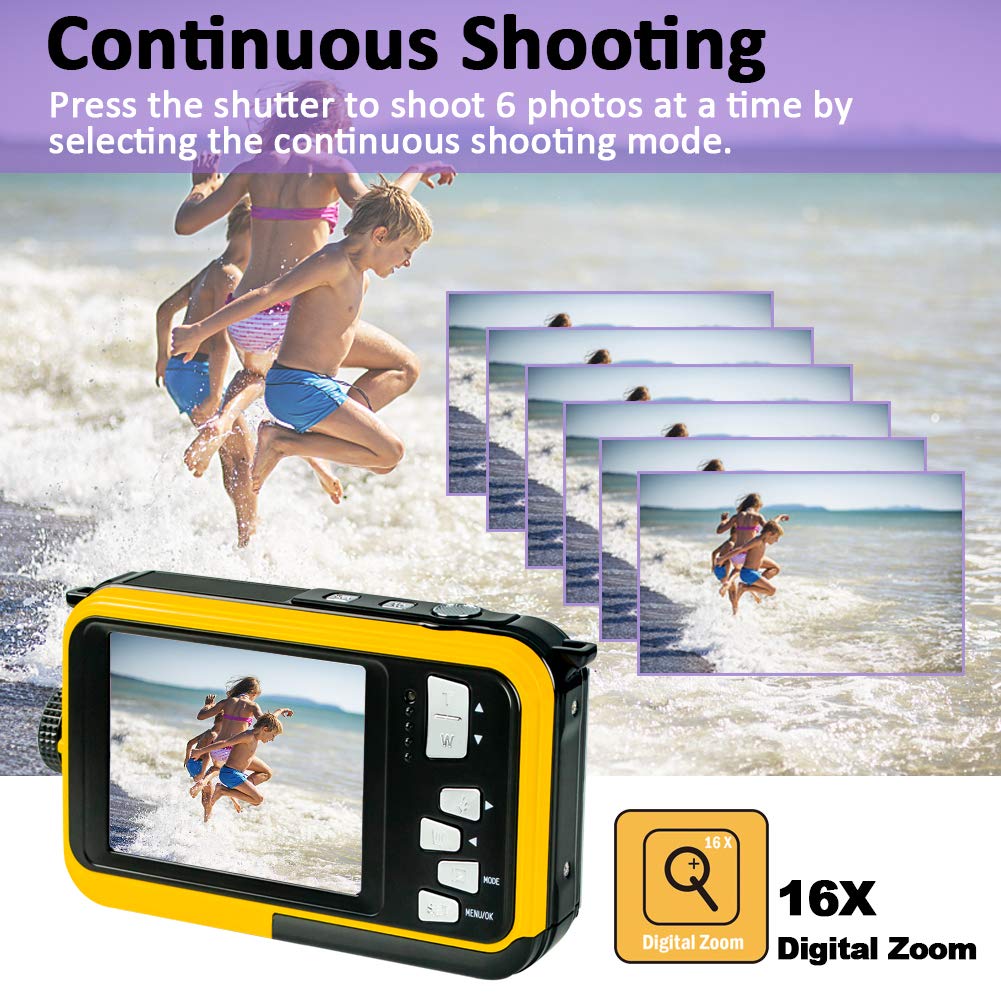 Underwater Camera Full HD 2.7K 48MP Waterproof Camera for Snorkeling Dual Screen Waterproof Camera Digital with Self-timer and 16X Digital Zoom