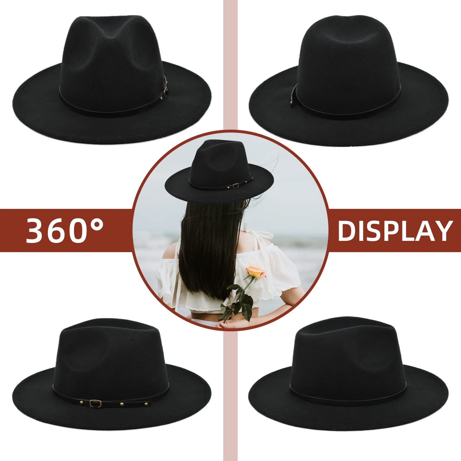 Women Classic Belt Buckle Fedora Hat, 2 Pack Wide Brim Panama Hat Lady Retro Wide Brim Fedora Hat