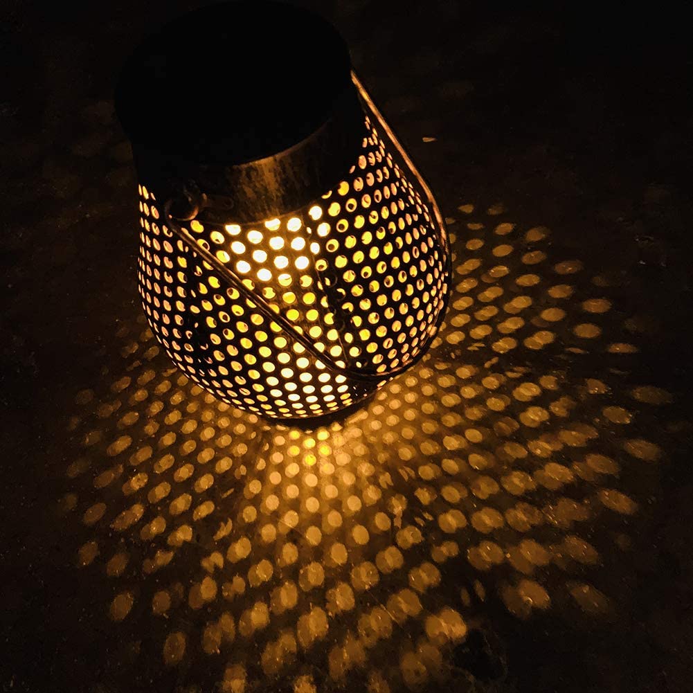 Solar Tabletop Lanterns Decorative Solar Lantern Hanging Retro Hollow Lights Metal Waterproof Table Lamp with Handle for Outdoor Patio Garden Backyard Decorative,2 Pack