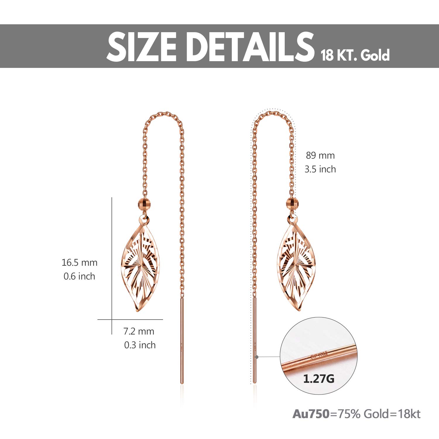 SISGEM 18k Yellow Gold Threader Earring for Women Dangle, Long Chain Leaf Earrings Jewelry Gift for Her