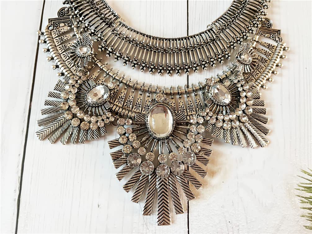 Thkmeet Vintage Gypsy Bohemian Ethnic Tribal Boho Statement Pendant Necklace,Owl style (Silver)