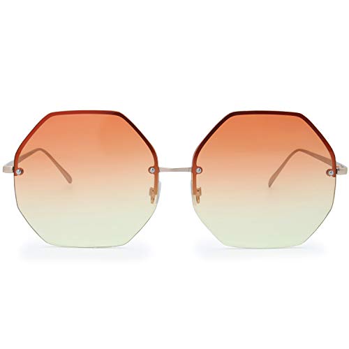 The Fresh Fashion Designer Huge Hexagon Metal frame Ocean Colored Lens Sunglasses Gift Box (Gold, Orange/Yellow)