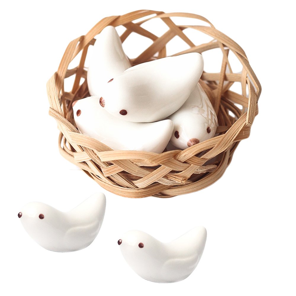 WAIT FLY Cute White Birds Shape Chopsticks Rest Set with Basket Spoon Stand for Knife Fork Holder, 3pcs/ 6pcs (6 Birds+Basket)