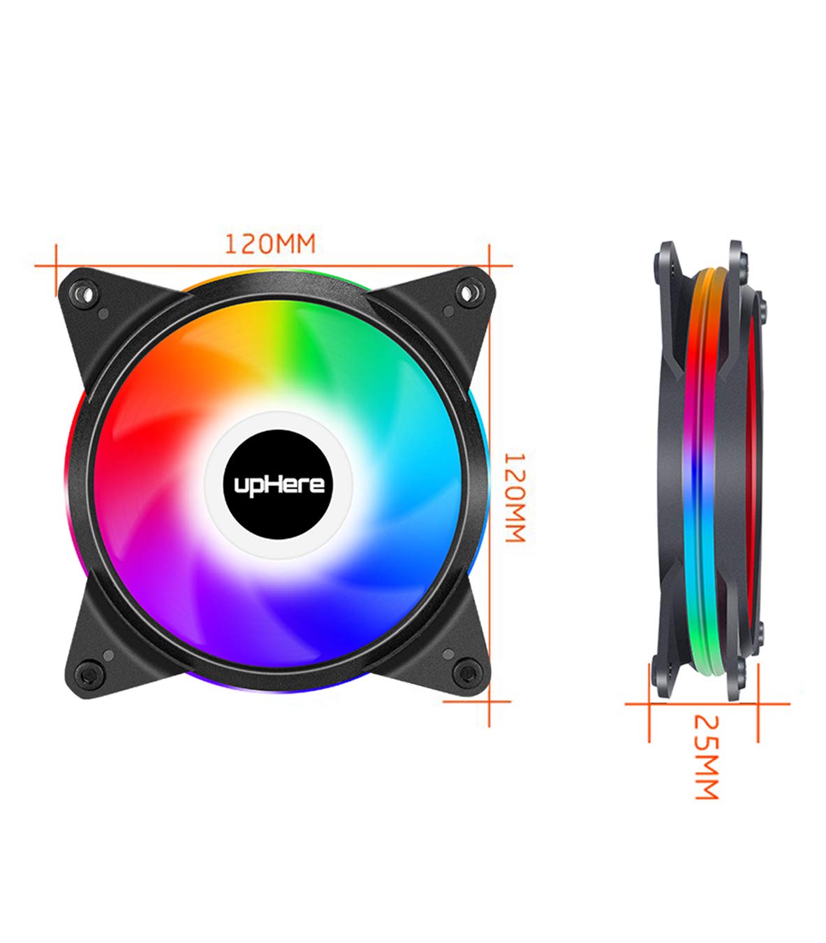 upHere 120mm 4-Pin PWM Rainbow LED Effect Case Fan for PC Cooling,Computer Cases, CPU Coolers,Water Cooler and Radiators Ultra Quiet,3-Pack,T4CF4-3